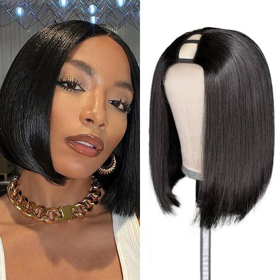 Amazon.com : Enguer V Part Wig Human Hair Straight Bob Wigs For Black ...
