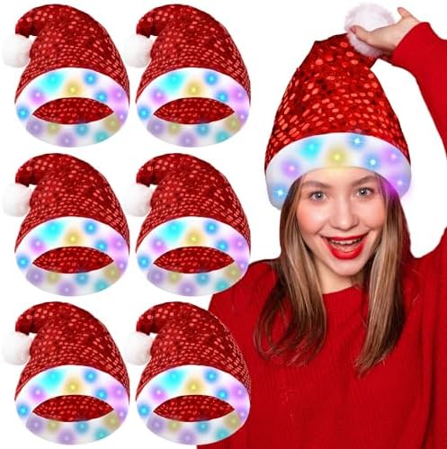 Amazon.com: Liitrsh 6 Pieces Christmas Sequin Santa Hat with LED Lights ...