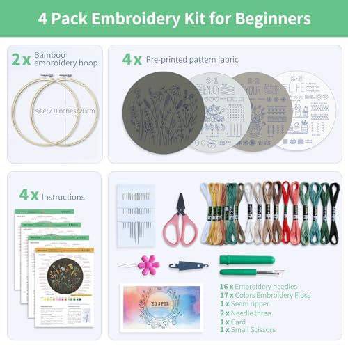 Snapklik.com : ETSPIL 4 Sets Embroidery Kit For Beginners Plant Kits ...