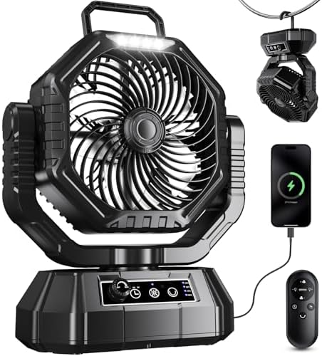 Camping Fan with LED Light, Auto-Oscillating Desk Fan with Remote ...