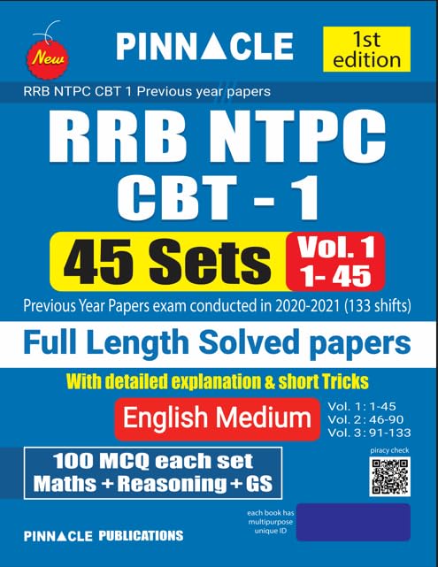 Buy Pinnacle RRB NTPC CBT-1 : 45 (1 - 45) Sets vol. 1 full length solved papers | Railway | RRB ...