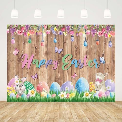 Amazon.com : AIBIIN 7x5ft Happy Easter Backdrop Easter Bunny Rabbit Rustic Wood Photography ...