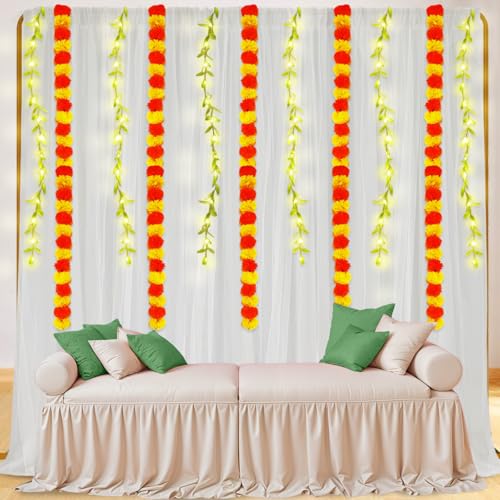 Party Propz White Net Backdrop for Pooja Decoration with Leaf Lights ...