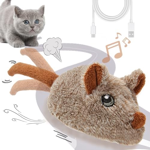 Vealind Cat Toys Rechargeable Mouse with Wagging Tail, Lifelike Squeak ...