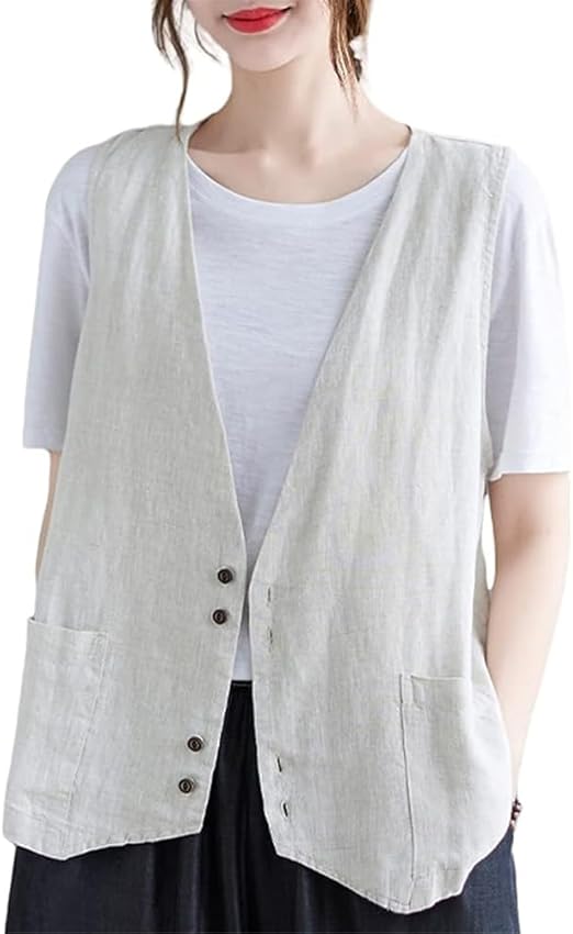 Amazon | [EDREES] ベスト レディース 綿麻 サマーベスト ジレベスト トップス カジュアル 着瘦せ 無地 薄手 大きいサイズ 重ね着風 チョッキ Vネック 体型カバー 通勤 ...
