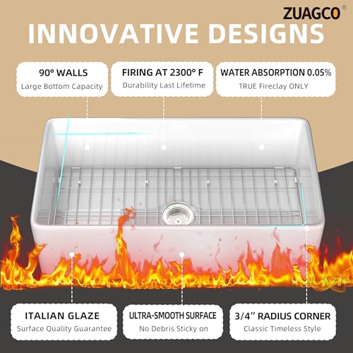 ZUAGCO White Farmhouse Sink 33 X20 inch Fireclay Apron Front Farm House ...