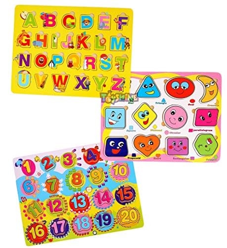 Toyshine 3 in 1 Wooden Picto-Puzzle ABC, 123 (1-20) and Shapes Puzzle ...