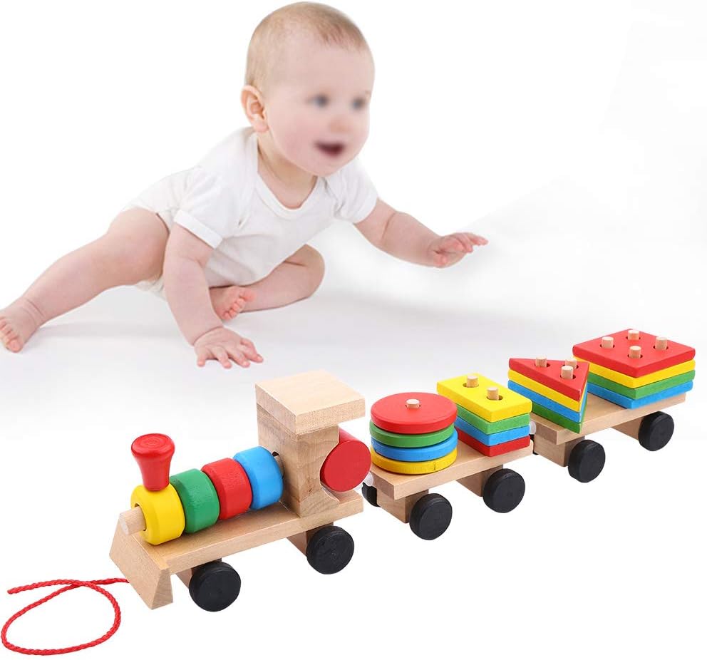 Pssopp Wooden Train Baby Toy Building Block Train Toys Wooden Stacking ...