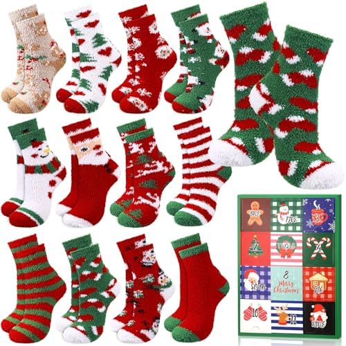 Amazon.com: 12 Pairs Christmas Fuzzy Socks Advent Calendar 2025 Unisex ...