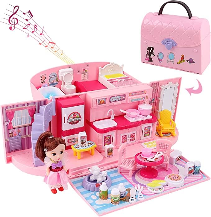Buy BLiSS HUES 2-In-1 Light & Music Portable Pink Doll House Play Set ...