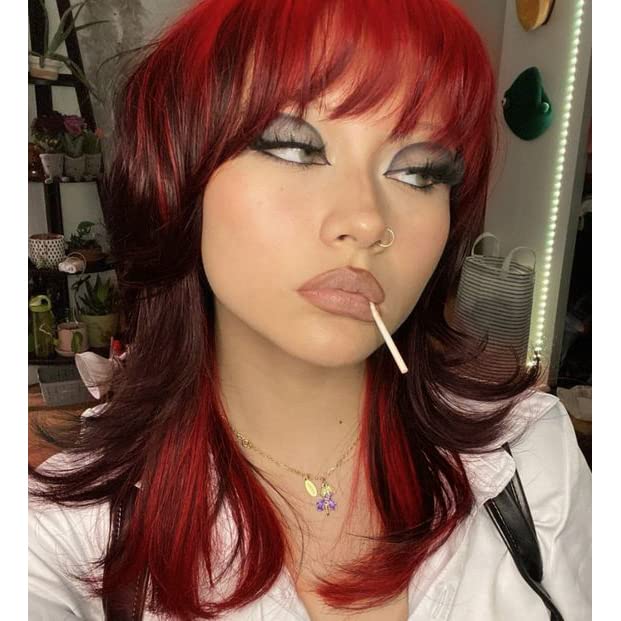Amazon.com: Baruisi Black Red Wigs Long Layered Shaggy Wig with Red ...