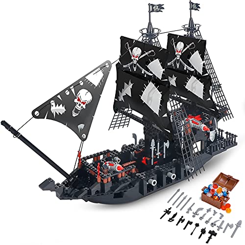 brick story BRICK STORY Black Pirate Ship Building Kit with 5 Mini ...