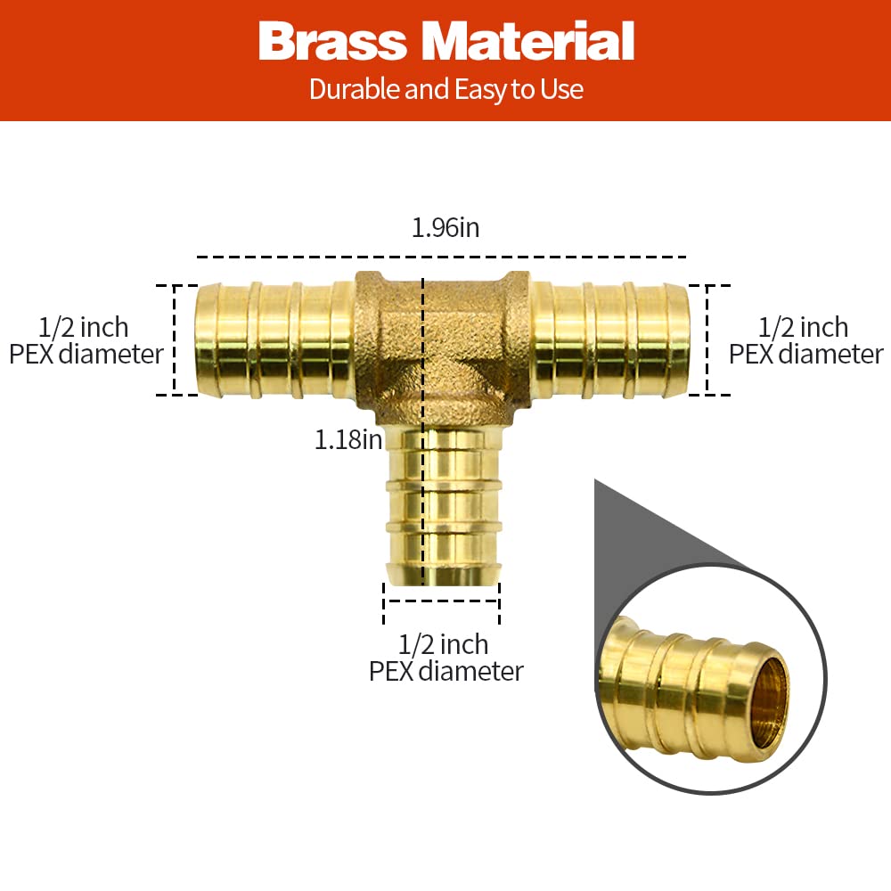 Snapklik.com : RUBYQ 25 Pack 1/2" Brass PEX Tee Fittings For PEX Tubing ...