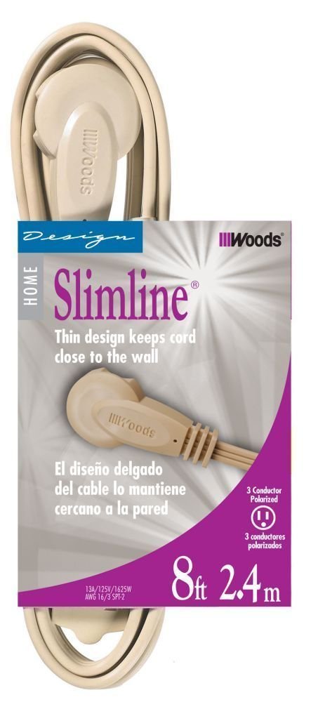 Woods Slimline 16/3 Flat Plug Extension Cord, 8ft, Beige, 2254 ...