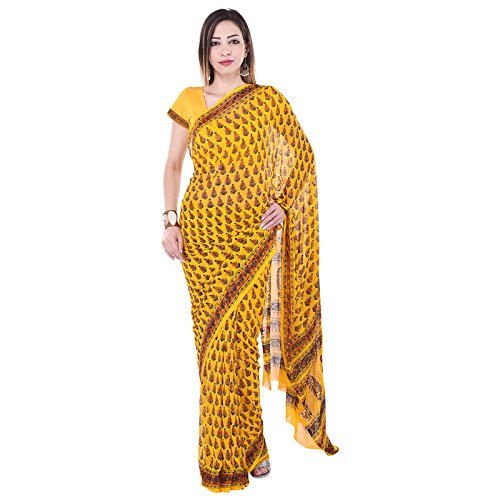 Buy Yash Creation Yellow Color Hand Block Print Chiffon Saree With ...