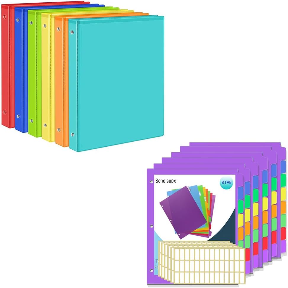 Amazon.com : 6 Pack 1 Inch 3 Ring Binders & 6 Sets 8 Tab Binder ...