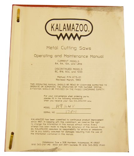 Kalamazoo Model 8A,8C,9A,13A,U816,816,824,1220 Maintenance Oper ...