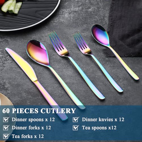 60-Piece Silverware Set for 12, ReaNea Rainbow Flatware