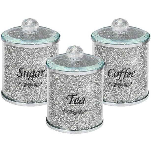 BML Diamond Crushed Tea Coffee Sugar Canisters Jars Kitchen Sparkle ...