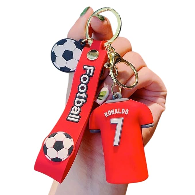 Blue Aura CR7 Ronaldo 3D Rubber Keychain with Long Ribbon | Red Jersey ...