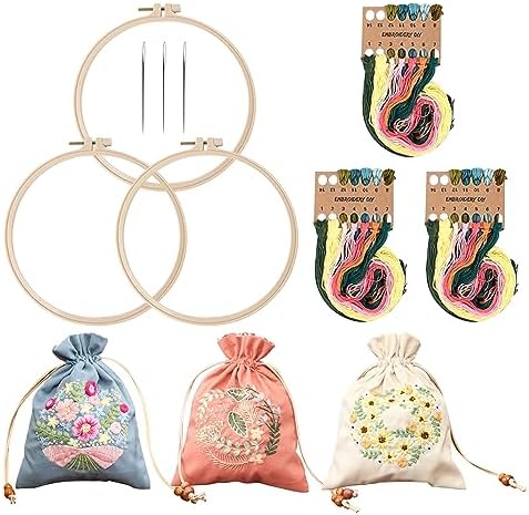 3 Pack Embroidery Drawstring Bag Kits, Floral Foliage Cross Stitch Kit for Adults Beginners ...