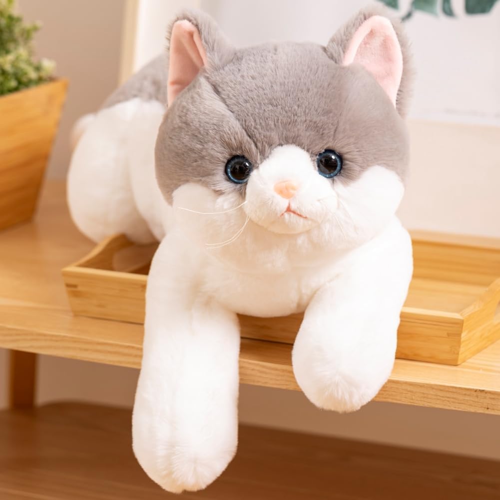 Amazon.com: Grey Cat Plush Toy Realistic Cat Weighted Stuffed Animals ...