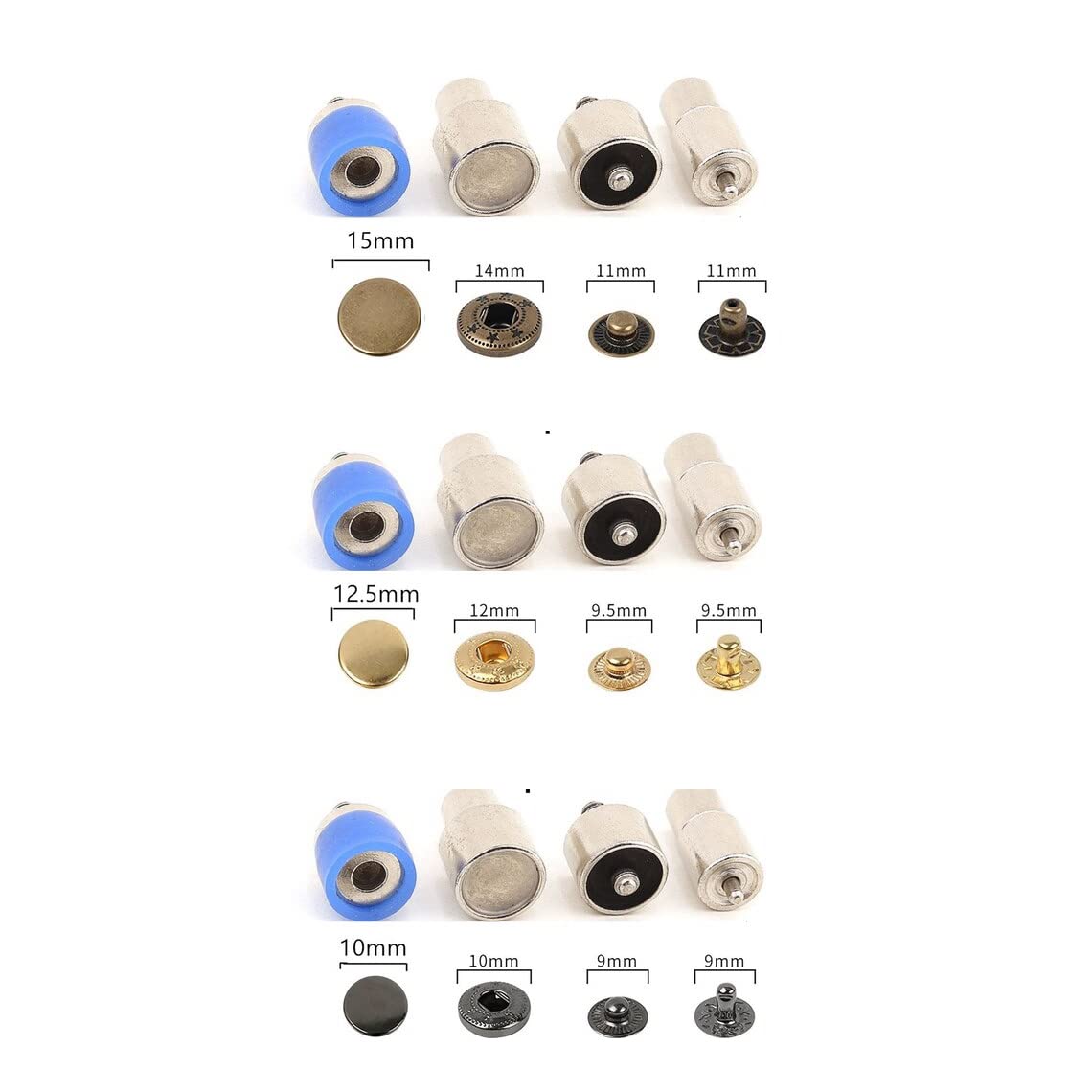 Amazon.com: 10 mm,12.5 mm and 15 mm Round Metal Snap Button Fasteners ...