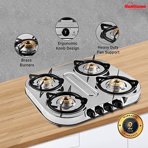 Sunflame OPTRA 4B Stainless Steel 4 Burner Gas Stove (Manual Ignition, Silver) - GRshoppingstore