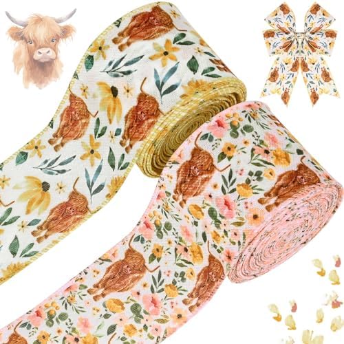 Amazon.com: 2 Rolls 20 Yards Boho Floral Highland Cow Wired Edge Ribbon ...