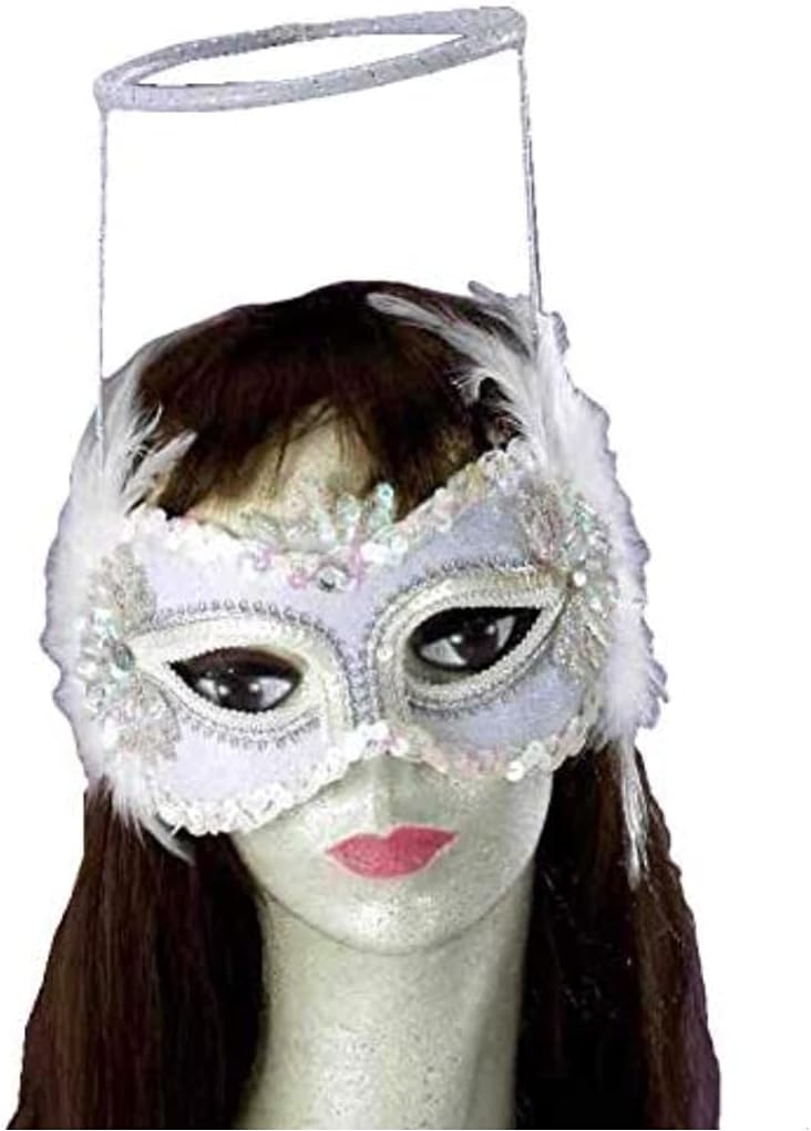 Amazon.com: Forum Novelties White Feathered Angel Half Mask with Halo ...