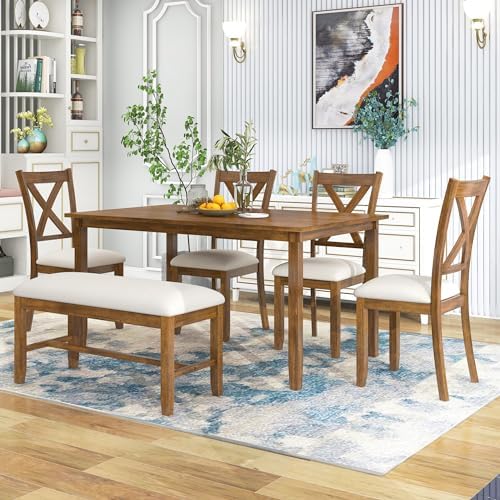 Amazon.com - WOZNLA 6-Piece Farmhouse Dining Set, Mid-Century Wood ...
