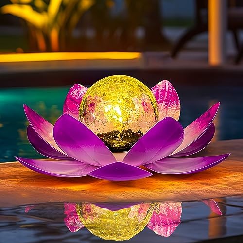 GIGALUMI Solar Light Outdoor Garden Decor, Lotus Flower Light Crackle ...