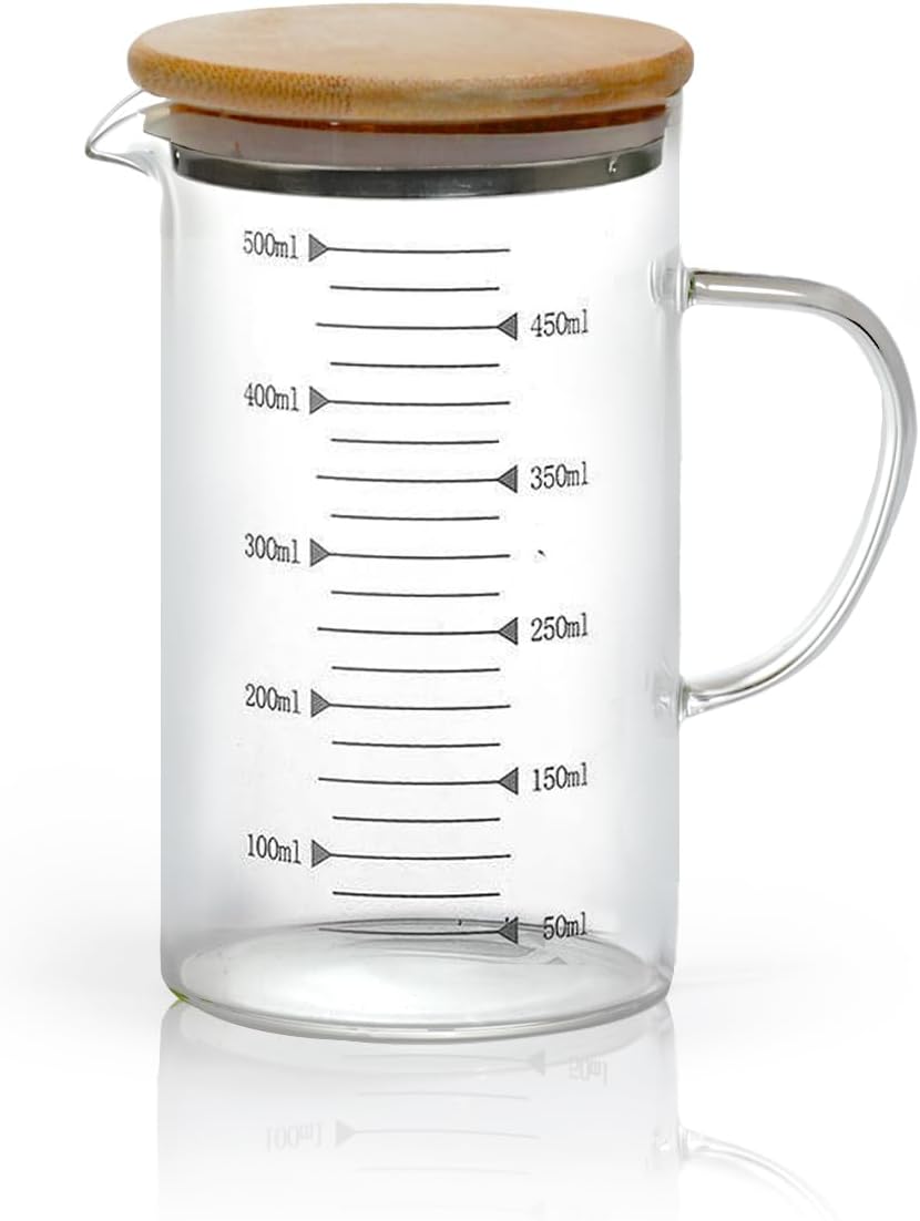 Amazon | 500ml 耐熱ガラスメジャーカップ 天然木製ふた、蓋グレードアップー蓋底がステンレスで覆われ衛生的 計量カップ ハンドル付き 本体電子レンジOK！ (500ml) | ノー ...