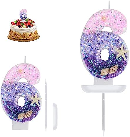 Yiran Pink Purple Birthday Candle,Mermaid Number 6 Candles, Sparkling ...