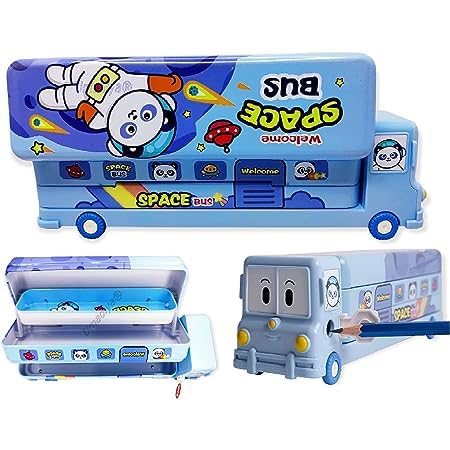 Createamity Bus Shape Pencil Box School Bus Metal Geometry Box for Kids ...