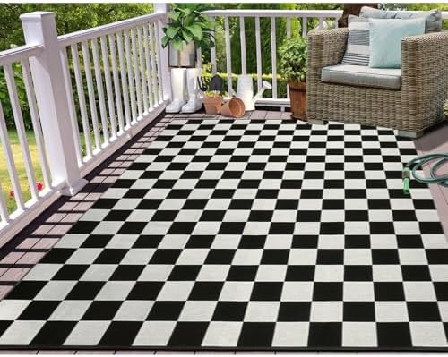 LEEVAN Black and White Checkered Outdoor Area Rug 5x7 ft Machine ...
