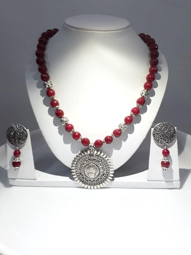 Buy Maroon Agate Jewelry Set with oxidised pendat and Ear Ring. at ...