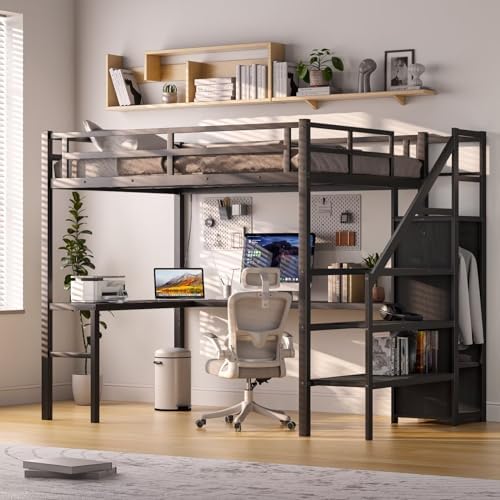 Amazon.com: Full Size Metal Loft Bed with Desk and Wardrobe,Heavy Duty ...