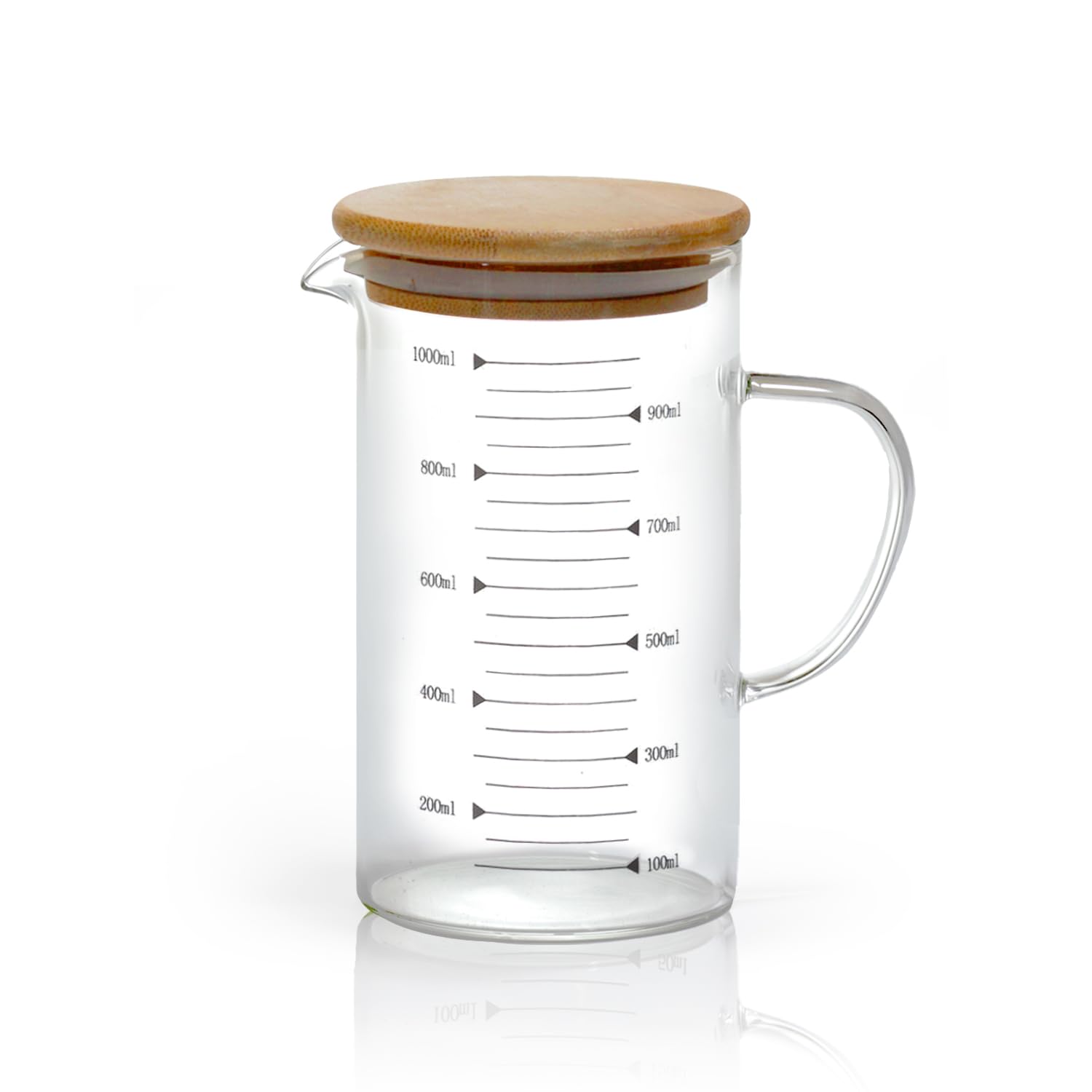 Amazon | 1000ml 耐熱ガラスメジャーカップ 計量カップ スケールカップ 便利なハンドル付き、天然木製ふた付き、電子レンジ、マグカップ 水差し (1000ml) | ノーブランド品 ...
