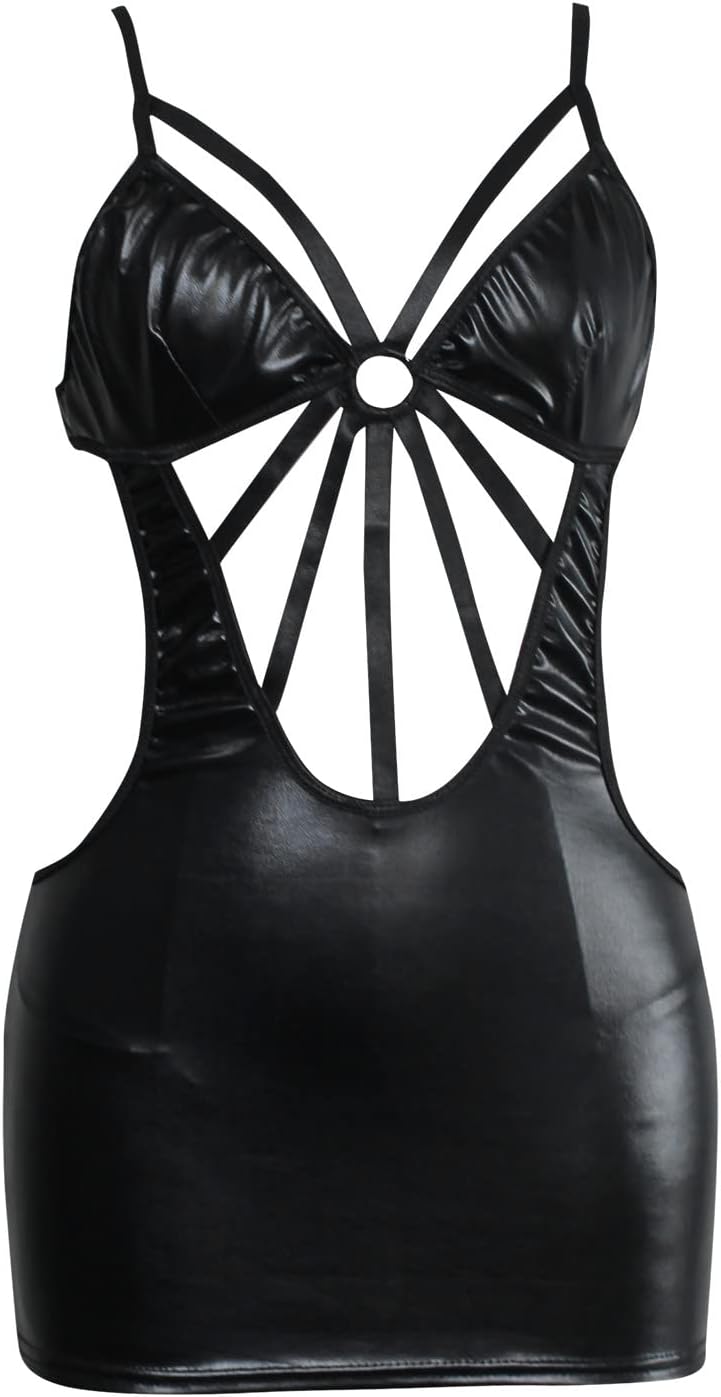 Amazon.com: Womens Wet Look Lingerie Leather Bodysuit Mesh Patchwork ...