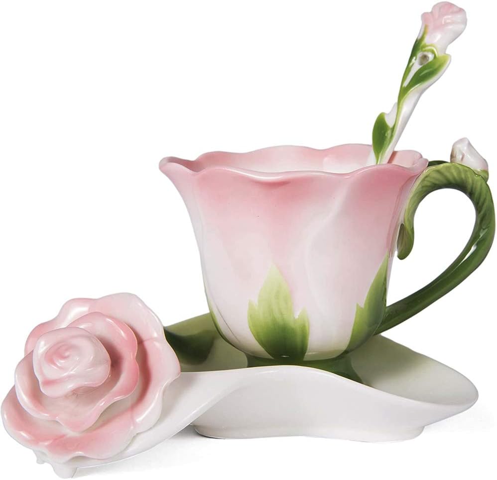 Amazon.com | Cosmos Gifts Ceramic Rose Cup and Saucer, Set of 2: Cup ...