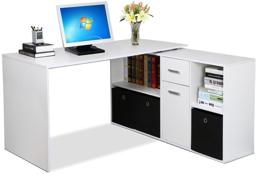 Popamazing Large Corner Computer Desk with Storage Cabinet/Drawer White ...
