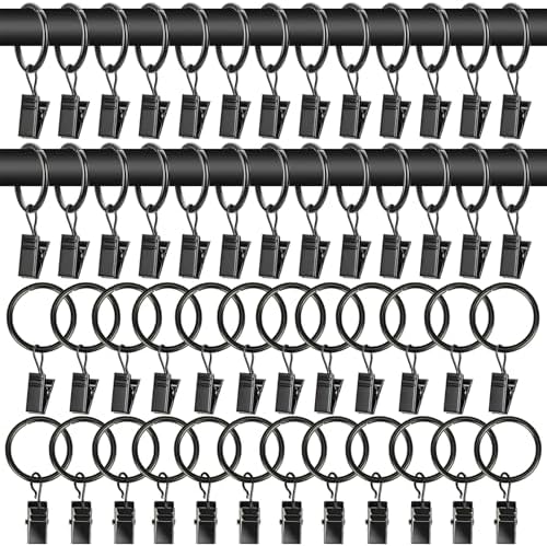 50PCS Curtain Rings with Clips - Curtain Clips Black Drapery Rings with ...
