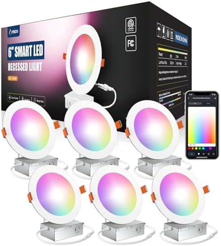 Amico 12 Pack 6 Inch Smart LED Recessed Lighting, WiFi Canless Wafer ...