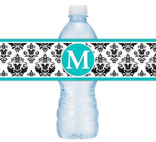 Amazon.com: Damask Water Bottle Labels, Black and Teal Custom Monogram ...