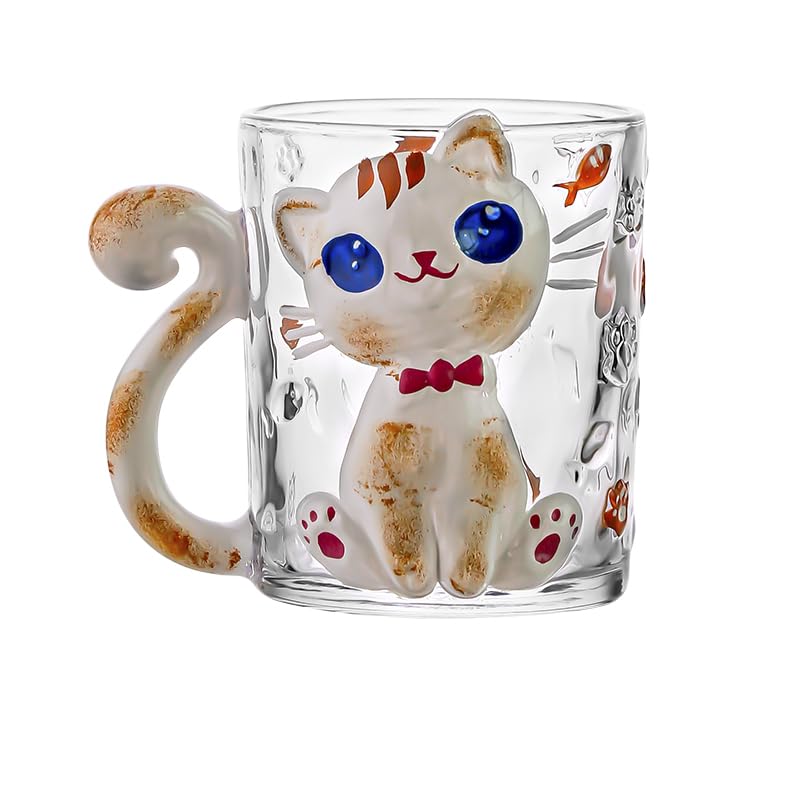 Amazon.co.jp: FLYILIA 手描き 猫 マグカップ 300ml ガラスコップ 耐熱ガラス レリーフ 3D立体 取っ手付き コーヒーカップ モーリングカップ アニマルマグ ティー ...