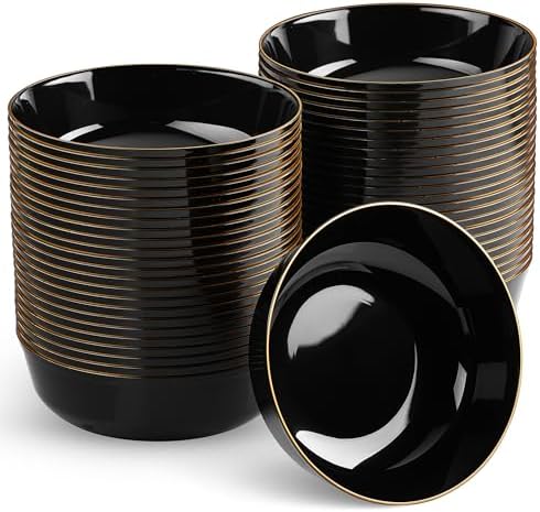 Amazon.com: JOLLY PARTY 50PCS Black Plastic Bowls with Gold Rim-12oz ...