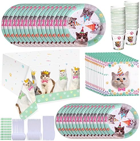 Amazon.com: 96 Pcs Cat Birthday Party Plates Napkins Forks Supplies ...