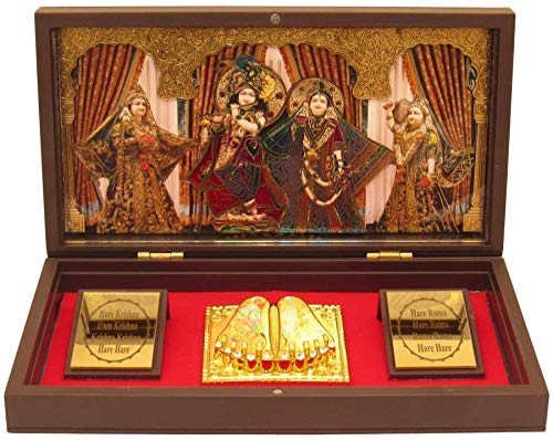SRC CREATIONS Gold Plated Radha Krishna Photo Frame with Charan Paduka for Pooja Room, Hare ...