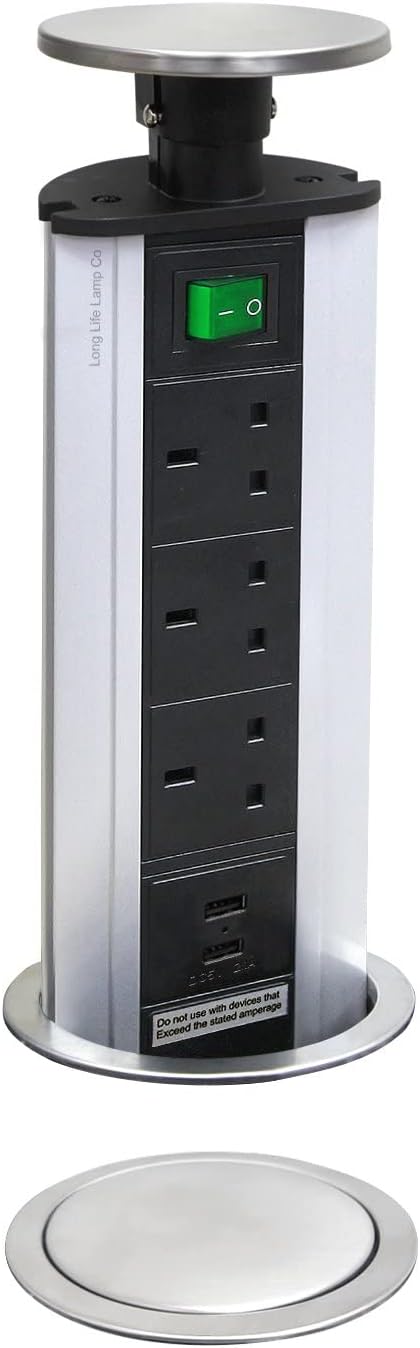 Pop-Up Socket with 2 USB Charging Port, Stainless Steel Top, 3 UK Plug ...